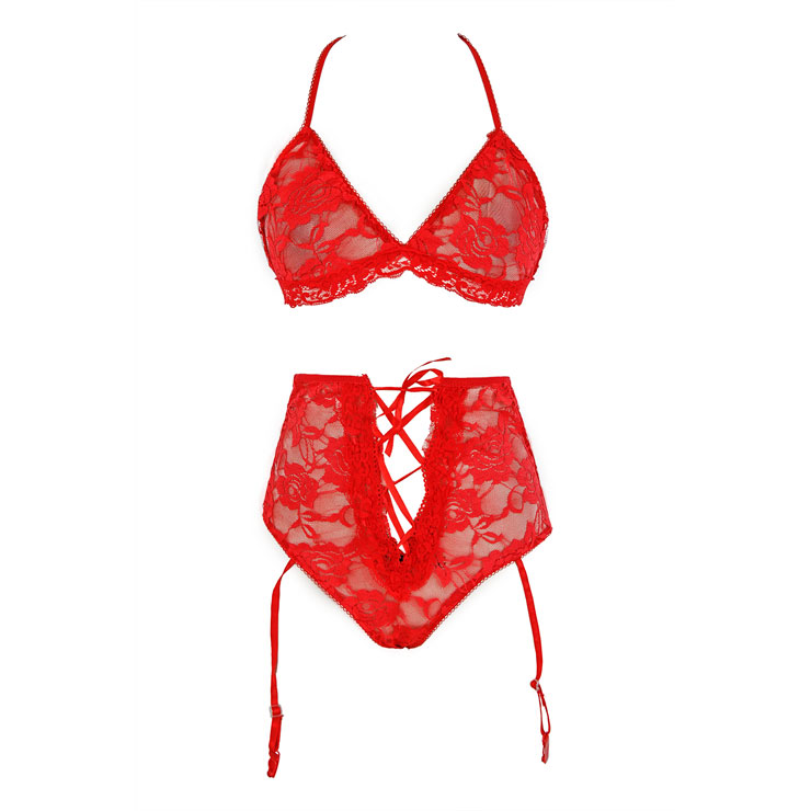 Sexy Red Plus Size Floral Lace Lace Up Bra Panty Sets With Garters N16723