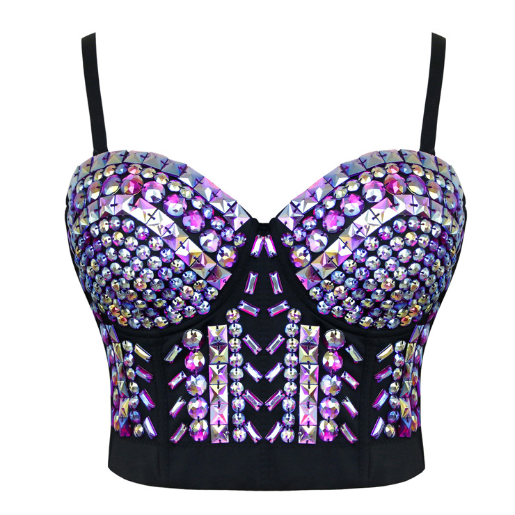 Rock Style Fancy Studded Gem Padded Underwire Bustier Bra Clubwear Crop ...