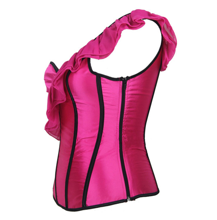 Rose One Shoulder Satin Side Zipper Overbust Corset N9552