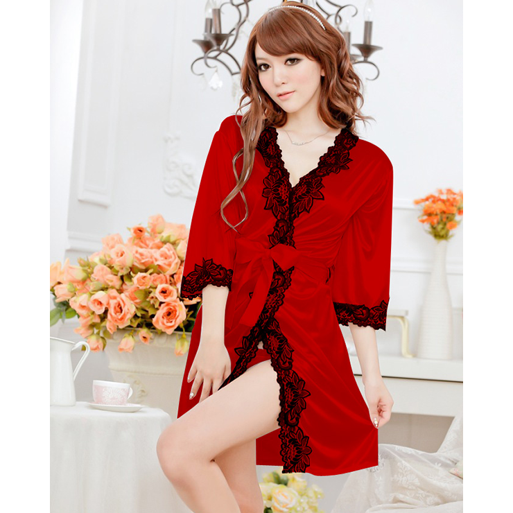 Fashion Red Satin Half Sleeve Lace Trim Nightgown Sleepwear Robe N17133