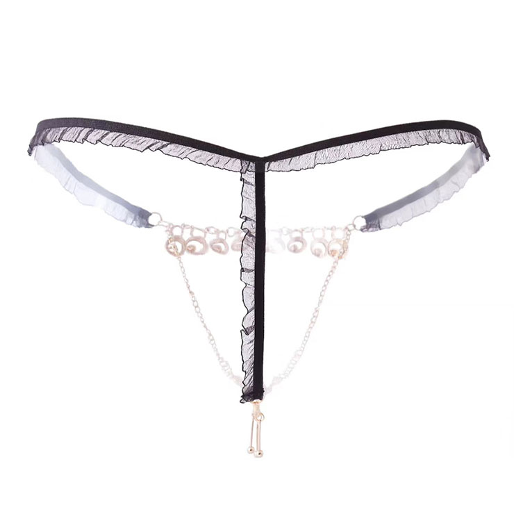 Sexy Black Elastic Lace Trim Thong Rhinestone Chain Underwear Low Waist ...