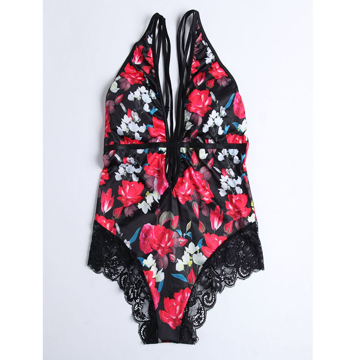 Sexy Flower Print Strappy Low Cut Lace Trim One Piece Stretchy Bodysuit