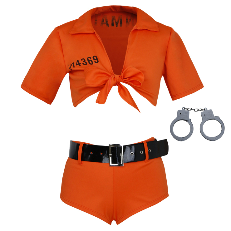 4Pc Sexy Women Tying Orange Busted Jail Prisoner Split Type Costume N18352
