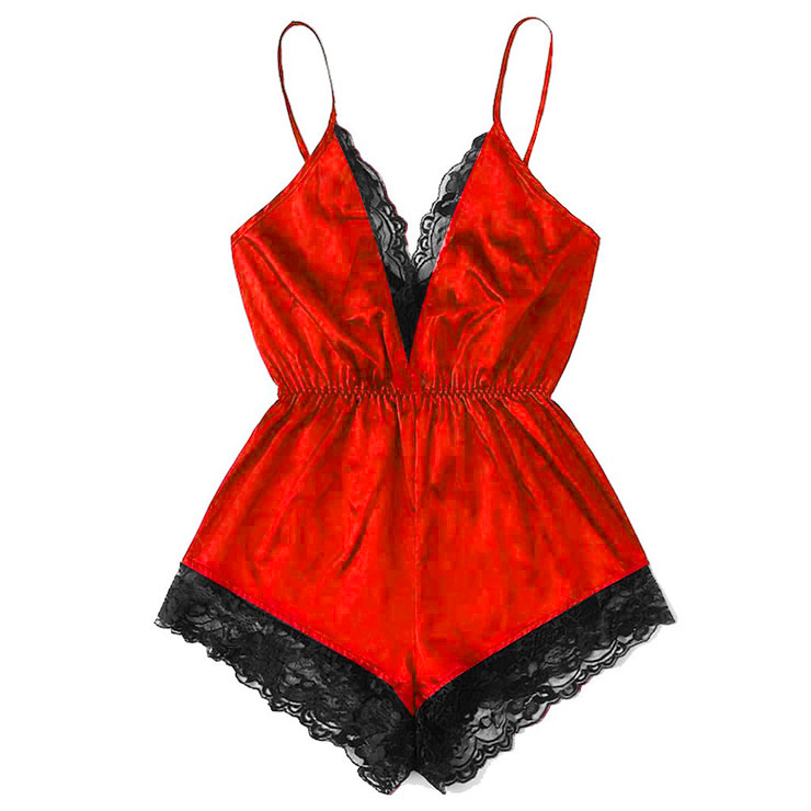 Sexy Red Satin Lace Trim Spaghetti Strap Backless Bodysuit Teddy