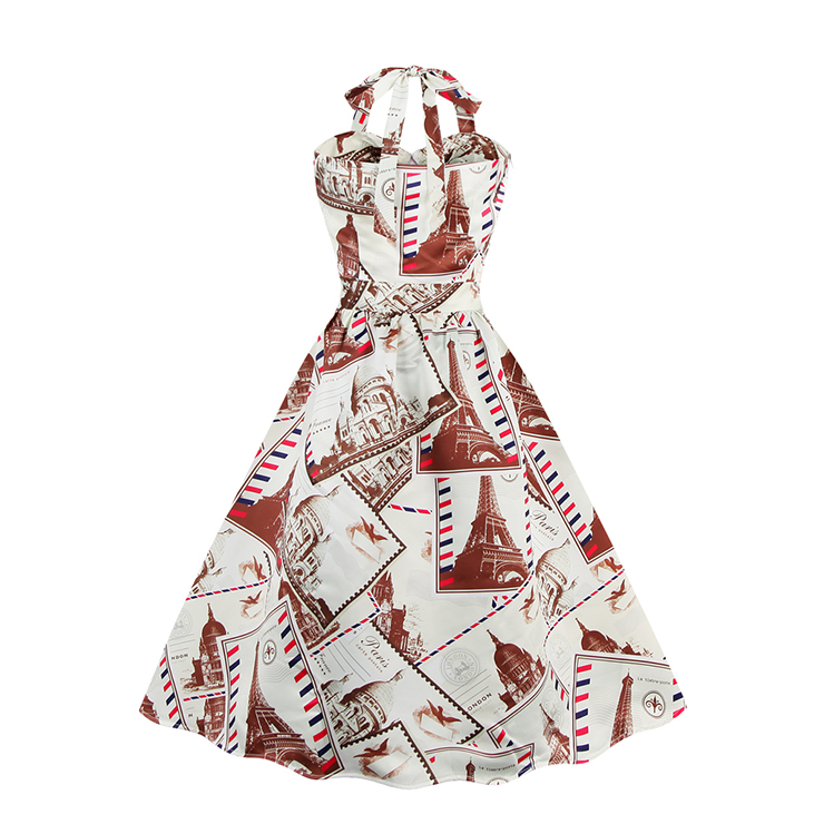 1950's Vintage Halter Stamp Pattern Casual Swing Dress N12049