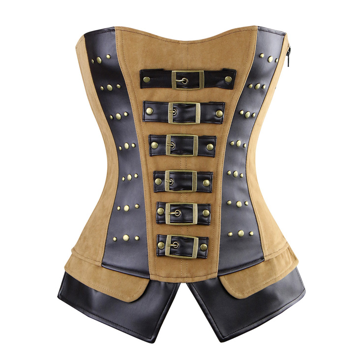 Steampunk Vintage Brown Faux Leather Buckles Bustier Corset with Zipper ...