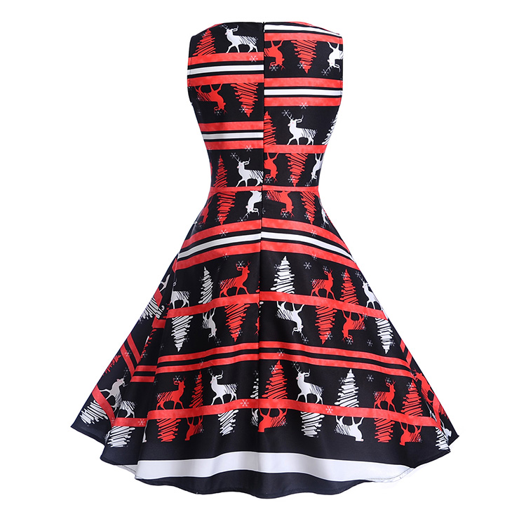 Vintage Round Neck Christmas Tree and Reindeer Print Sleeveless High ...
