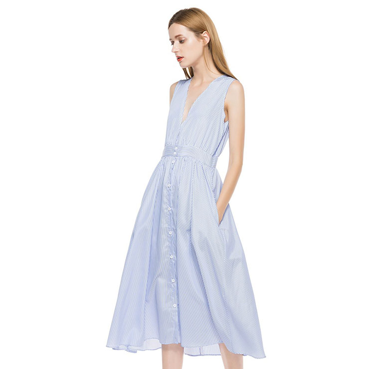 Vintage Pinstripe Deep V Front Button High Waist Cocktail Party Swing Dress N20367