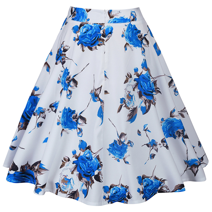 Women Blue Rose Floral Pleated Knee Length A-line Skirt N14213