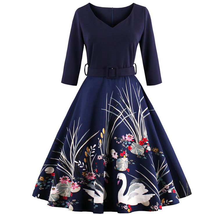 Vintage Retro Floral Print Cocktail Party Casual Swing Dress N12446